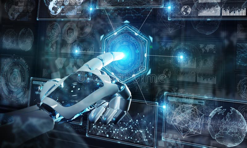 Intelligent Robot Machine Using Digital Screens Interface 3D Rendering ...