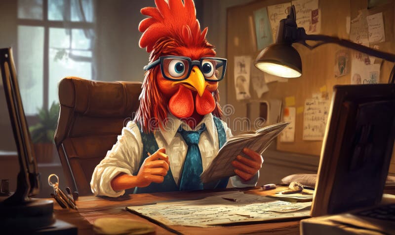 Intelligent Rooster in Glasses Reading Documents at a Desk in an Office ...