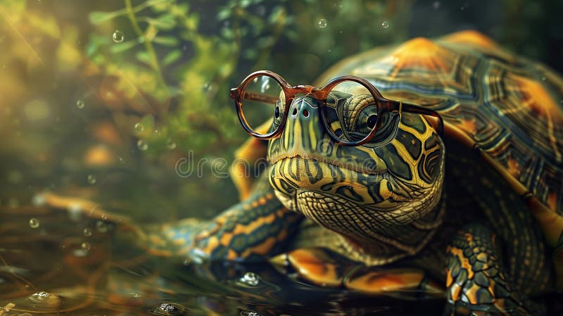 Intelligent Turtle with Glasses Swimming in a Pond Stock Illustration ...