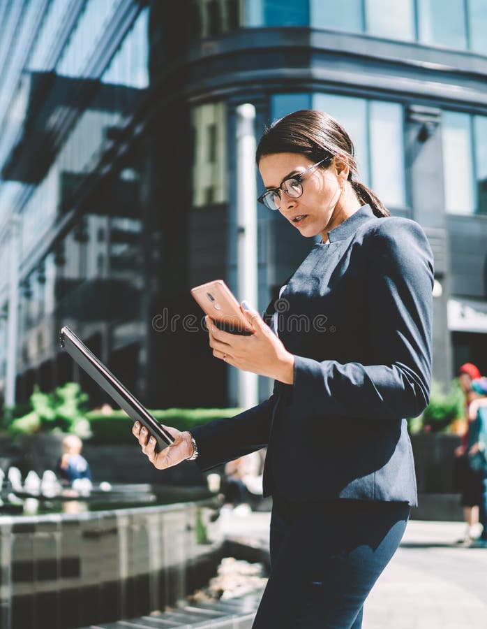 Intelligent Woman Connected To 4g Wireless on Cellphone Stock Image ...