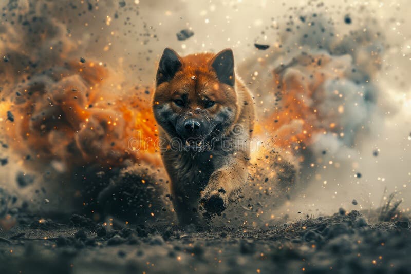 Intense Action Scene of a Determined Dog Charging through Explosive ...