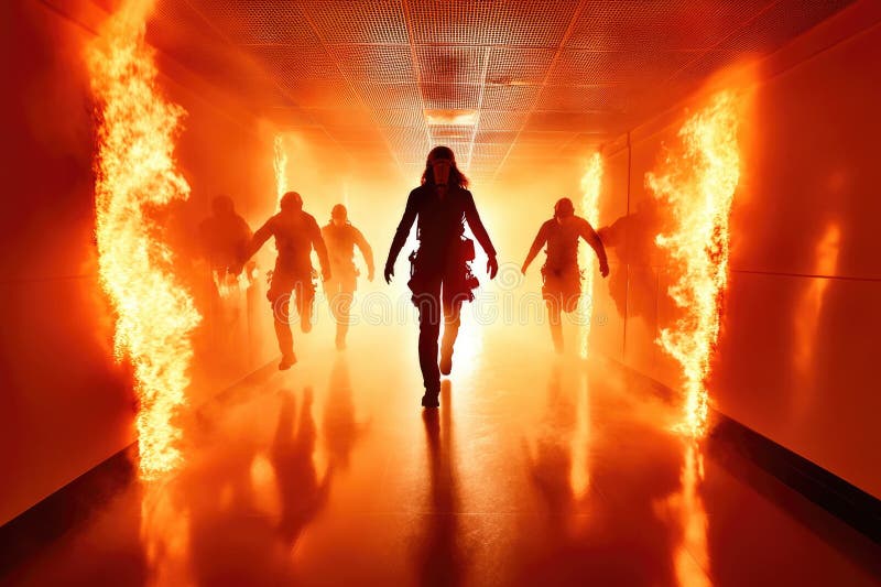 Intense Action Scene with Female Silhouette Walking through Flames ...