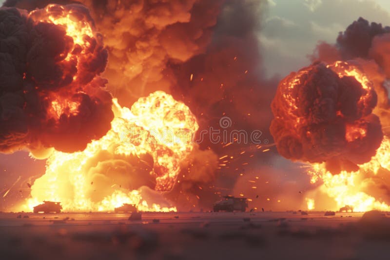 Intense Battlefield Explosion with Fiery Clouds and Tanks Stock Image ...