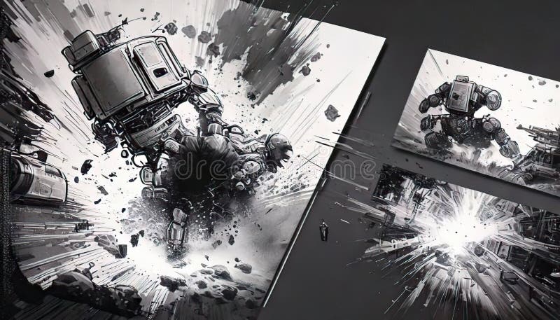 Dynamic Black and White Robot Battle Scene with Explosions Stock Illustration - Illustration of ...