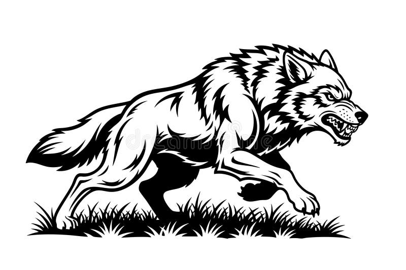 Intense Black and White Vector of a Snarling Wolf in Mid-stride, Baring ...