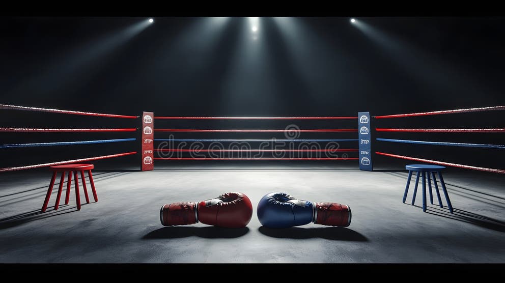 Intense Boxing Ring Setup with Red and Blue Gloves and Stools Under Dramatic Lighting Stock ...