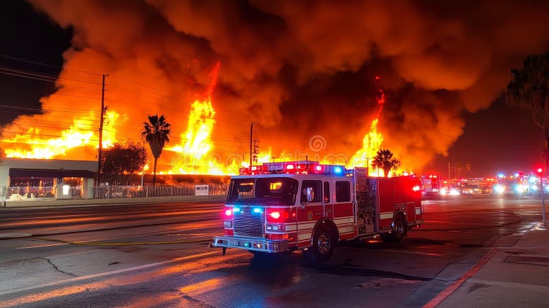 Intense Building Fire at Night Firefighters Battle a Large Building ...