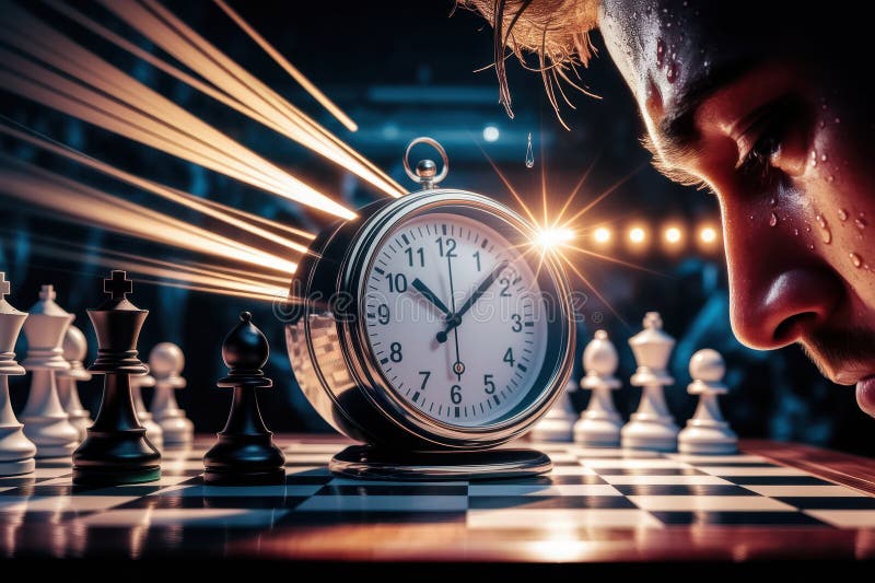 Intense Chess Match with Focused Player and Classic Clock Illuminated ...