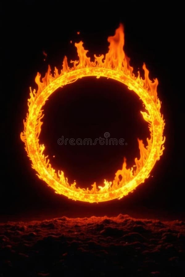Intense Circular Bonfire, Bright Flames Against a Pure Black Backdrop ...