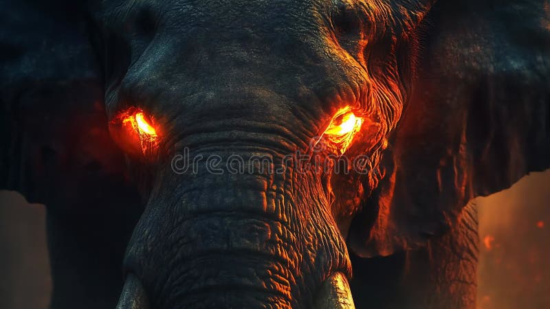 Intense Close-up of Elephant with Glowing Eyes in Dramatic Lighting ...