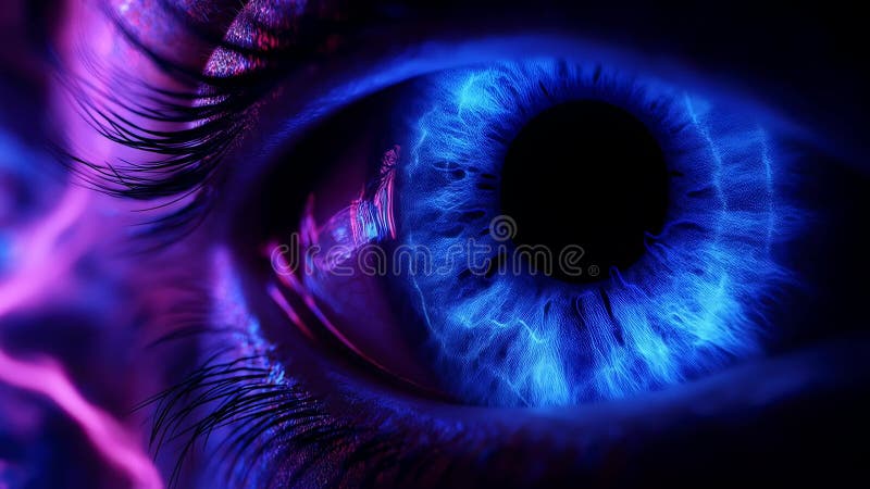 Eye Close-up Showcasing Vibrant Blue Lightning Details in a Dark ...