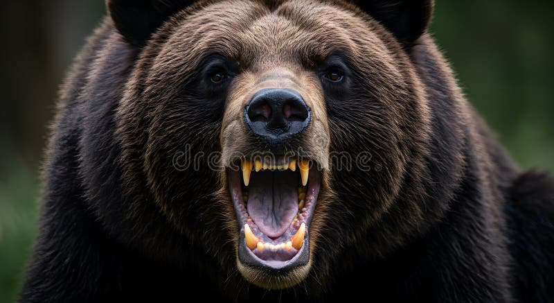 Intense Close-up of a Roaring Brown Bear with Sharp Teeth Bared ...