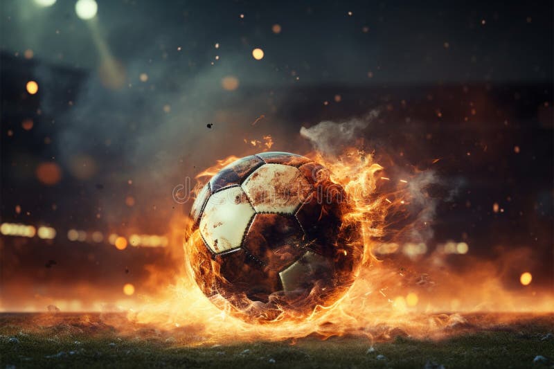 Intense Close Up, Soccer Ball, Ablaze, Unleashed with Power in Stadium ...