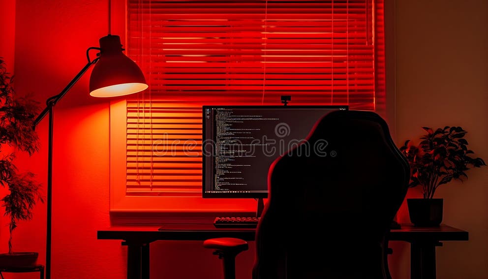 Red-lit Coder s Workspace stock illustration. Illustration of room ...