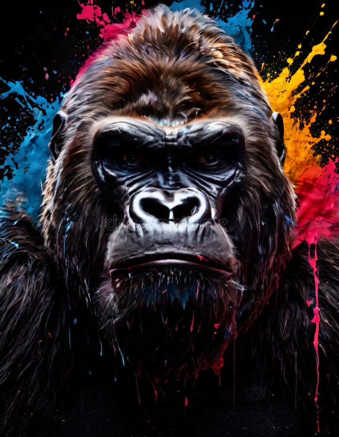 Intense Digital Portrait of a Gorilla with Splashes of Color Stock ...