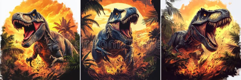 Intense Dinosaur Illustration, Roaring T Rex Dramatic Jungle Scene ...