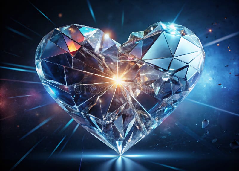 Intense Double Exposure a Glowing Cracked Heart with Shattered Diamond ...