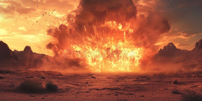 An Intense and Dramatic Explosion Occurs in a Barren Desert Landscape ...