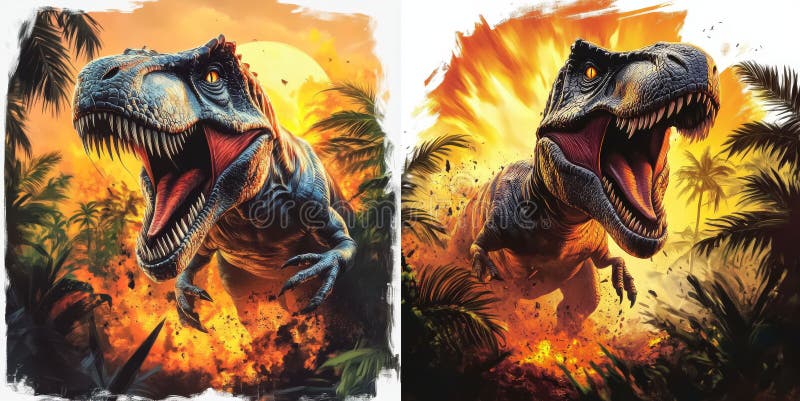 Intense and Dramatic Illustration of Roaring Dinosaur in Vibrant Jungle ...
