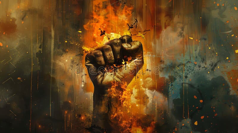 Fiery Fist Raised in Power and Defiance Amidst Explosive Backdrop, a ...