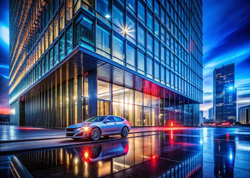 Intense Emergency Lights Reflect on a Modern Architectural Facade at ...