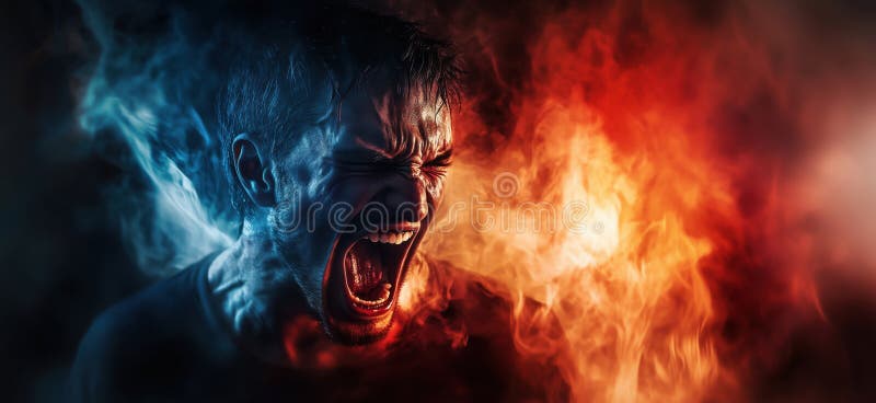 Intense Emotional Expression of Anger and Rage with Fiery Background ...