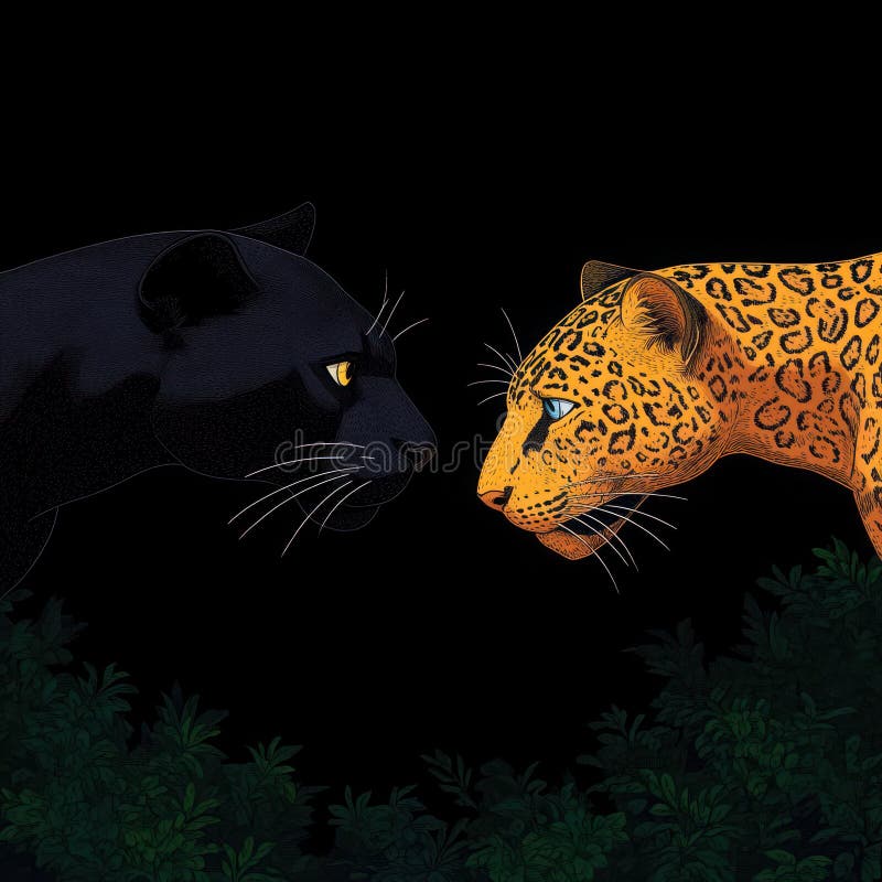 Intense Encounter: Black Panther and Jaguar Face Off in the Jungle Stock Photo - Image of ...