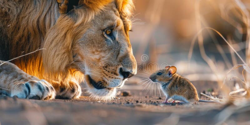 Intense Encounter between a Lion and a Mouse in Golden Hour Light Stock ...