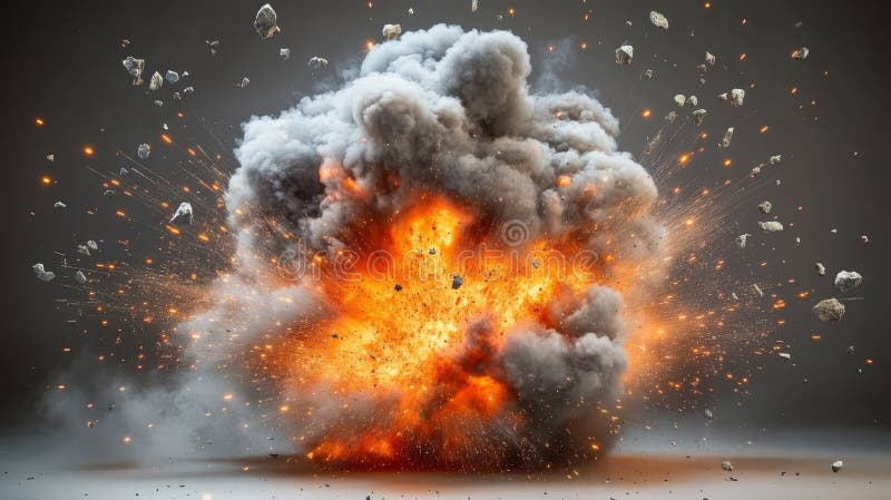 Intense Explosion Captured Fiery Orange and Gray Smoke with Dynamic ...