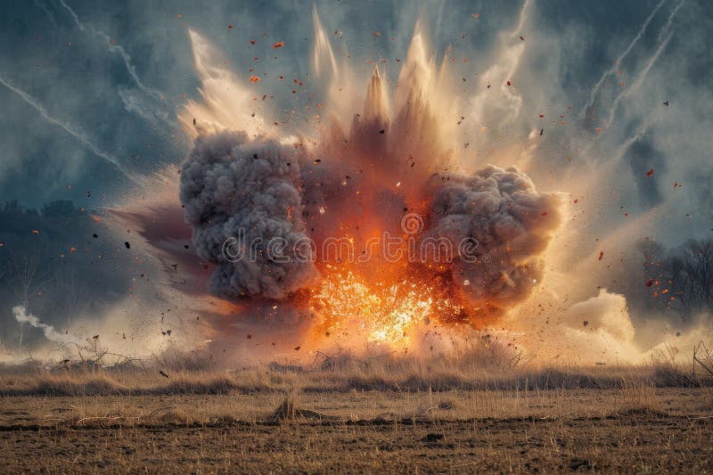 Dramatic Explosion in a Barren Field with Intense Fire and Smoke Stock ...