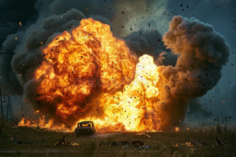 Massive Explosion Fireball with Car on Field Stock Image - Image of ...