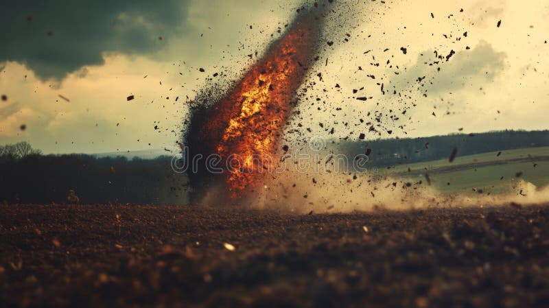 An Intense Explosion Erupts from the Ground Sending Debris Flying. the ...