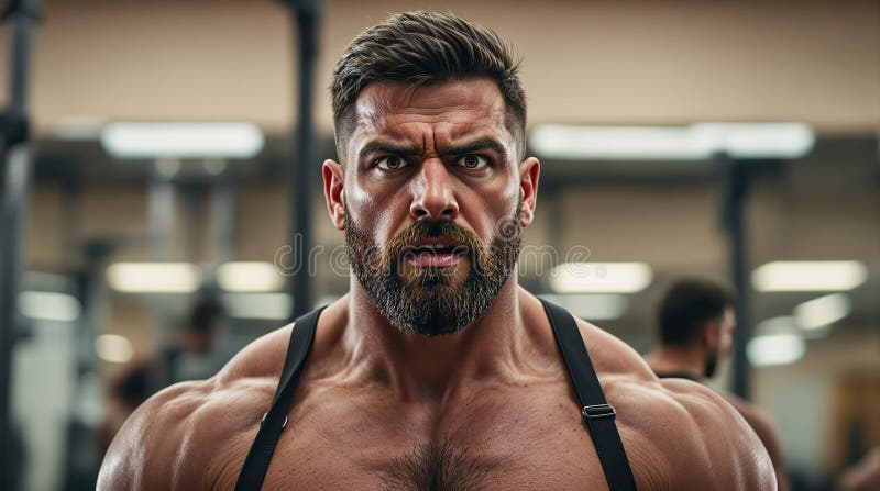 Intense Expression of a Bodybuilder during a Workout Session at a ...