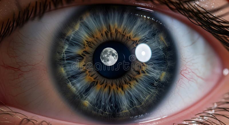 Human Eye with Moon Reflection in Pupil Extreme Closeup, Detailed Blue Iris Stock Illustration ...
