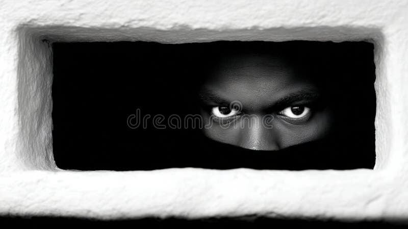 Intense Eyes Peer through a Rectangular Opening in a Black and White ...