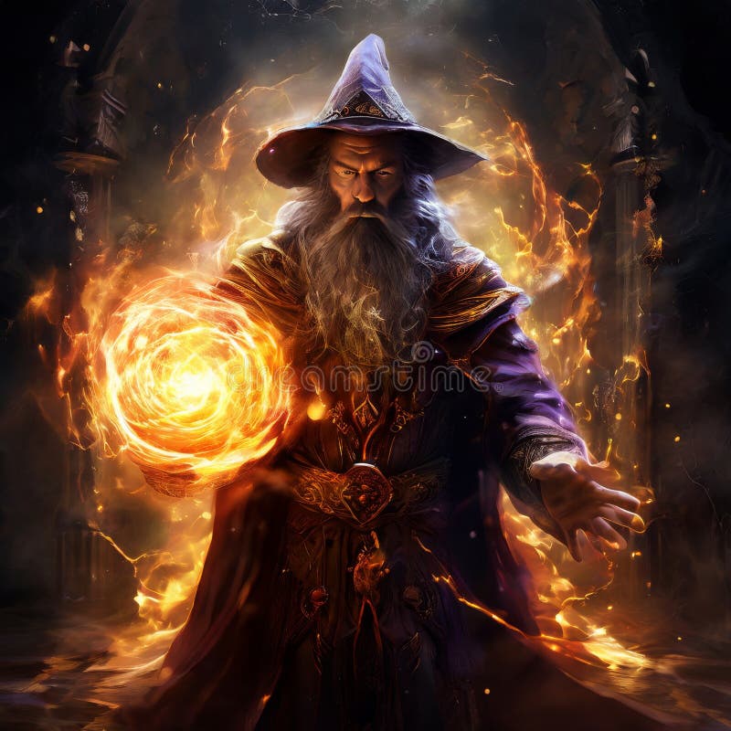 Powerful Wizard Casting a Fiery Spell with Glowing Magical Orb Stock ...