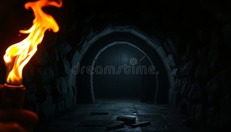 Intense Fire Burning in Dark Tunnel, Contrasting Light and Shadow ...