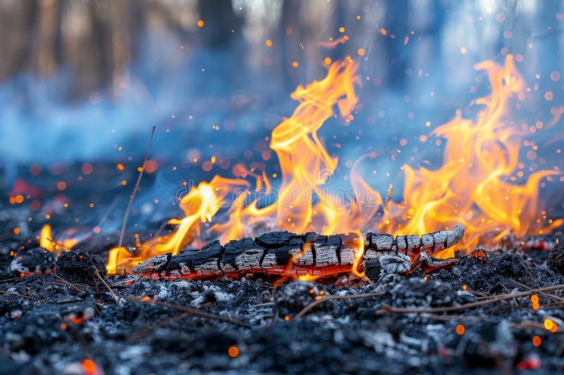 Intense Fire and Smoke Close Up Shot Against Dark Background for ...