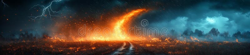 Intense Fire Tornado with Lightning and Dark Clouds Stock Illustration ...