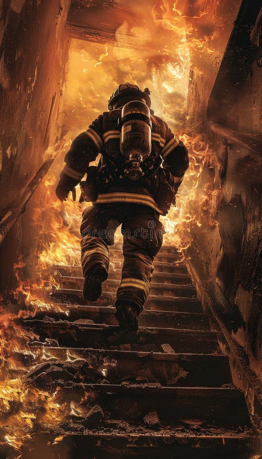 Intense Firefighter Climbing Stairway in Burning Building, Engulfed in ...