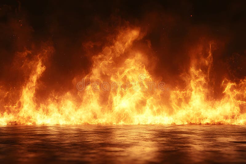 Fiery Blaze Reflected on Water Surface Intense Flames and Reflections ...