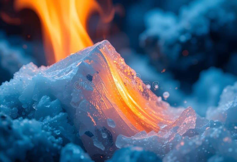 Intense Flames Burning on Solid Ice Block, Representing Conceptual ...