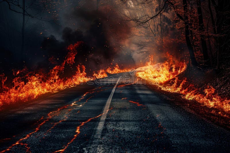 Wildfire Burning Both Sides of a Remote Asphalt Road Stock Photo ...