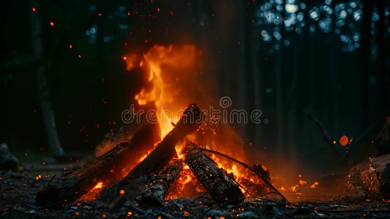 Intense Flames Dance in a Campfire, Casting a Warm Glow Against the ...