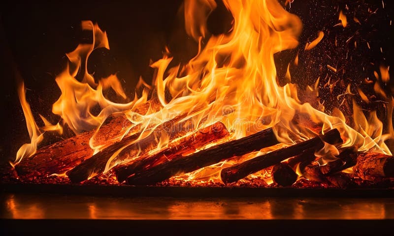 Intense Flames Dancing on Firewood in a Fireplace. AI Illustration ...