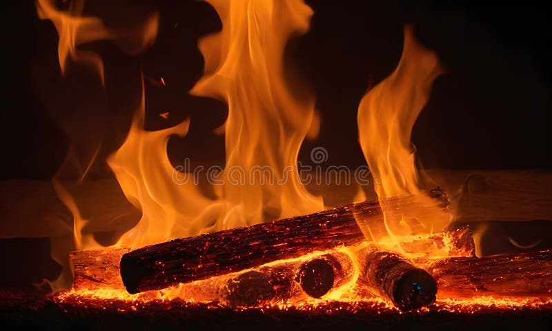 Intense Flames Dancing on Firewood in a Fireplace. AI Illustration ...