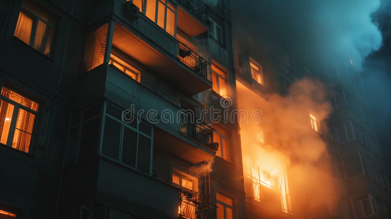 Intense Flames Engulf a Building at Night, with Glowing Windows and ...