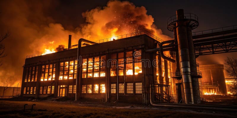 Intense Flames Engulf Industrial Building at Night, Creating a Dramatic ...