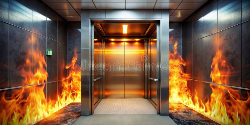 Intense Flames Engulfing an Open Elevator in a Dramatic Hallway Scene ...