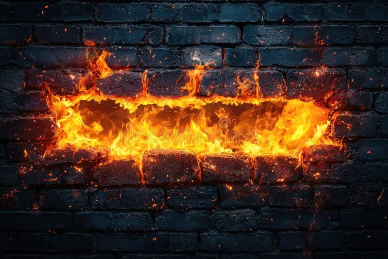 Intense Flames Erupting Against a Textured Brick Wall Creating a ...